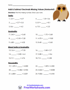 Add and Subtract Decimals Worksheets - FreeWorksheets.Com