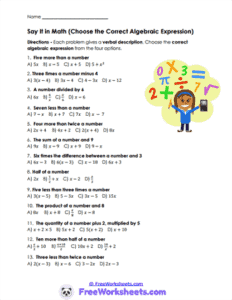 Algebraic Expressions Worksheets - FreeWorksheets.Com