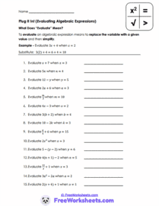 Algebraic Expressions Worksheets - FreeWorksheets.Com