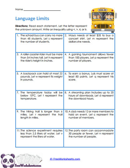 Inequality Words Worksheet - FreeWorksheets.com