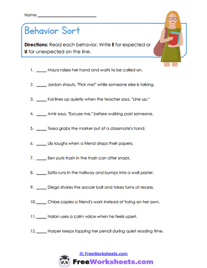 Expected vs Unexpected Behaviors Worksheets - FreeWorksheets.Com