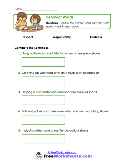 Behavior Words Worksheet - FreeWorksheets.Com