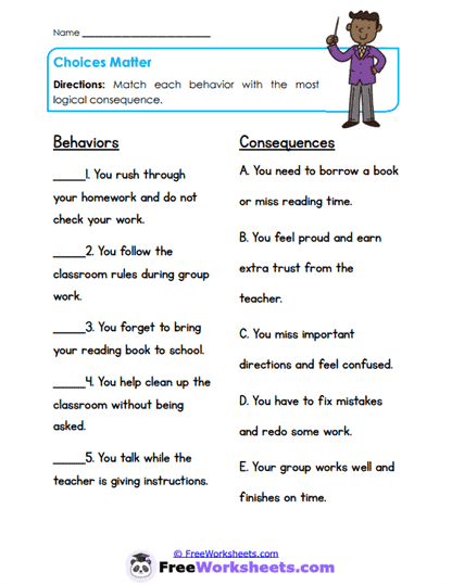 Choices Matter Worksheet - FreeWorksheets.Com