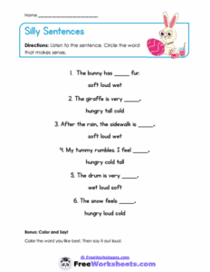 Silly Sentences Worksheet - FreeWorksheets.Com