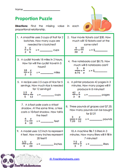Missing Proportions Worksheet - FreeWorksheets.com