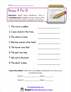 R-controlled Vowels Worksheets For Grade 1 - FreeWorksheets.Com