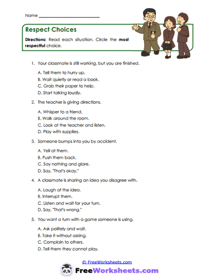Respect Choices Worksheet - FreeWorksheets.Com