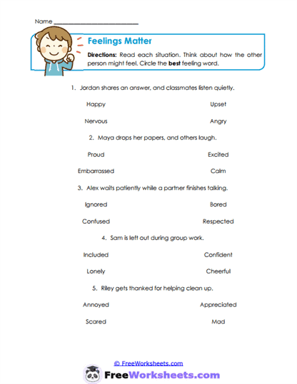 Feelings Matter Worksheet - FreeWorksheets.Com