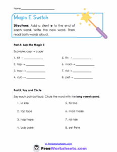 Magic E Switch Worksheet - FreeWorksheets.Com