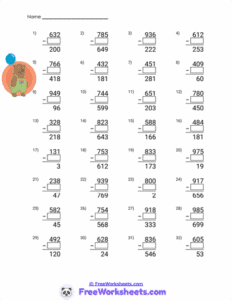 Three Digit Subtraction Worksheets - FreeWorksheets.Com