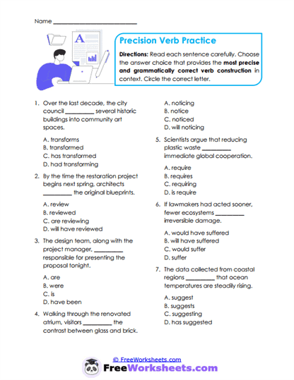 Verb Precision Worksheet - FreeWorksheets.Com