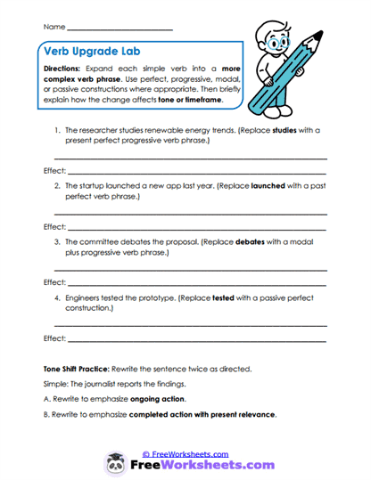 Verb Expansion Worksheet - FreeWorksheets.Com