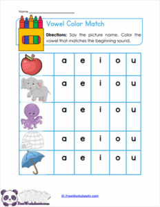 Vowel Color Match Worksheet - FreeWorksheets.Com